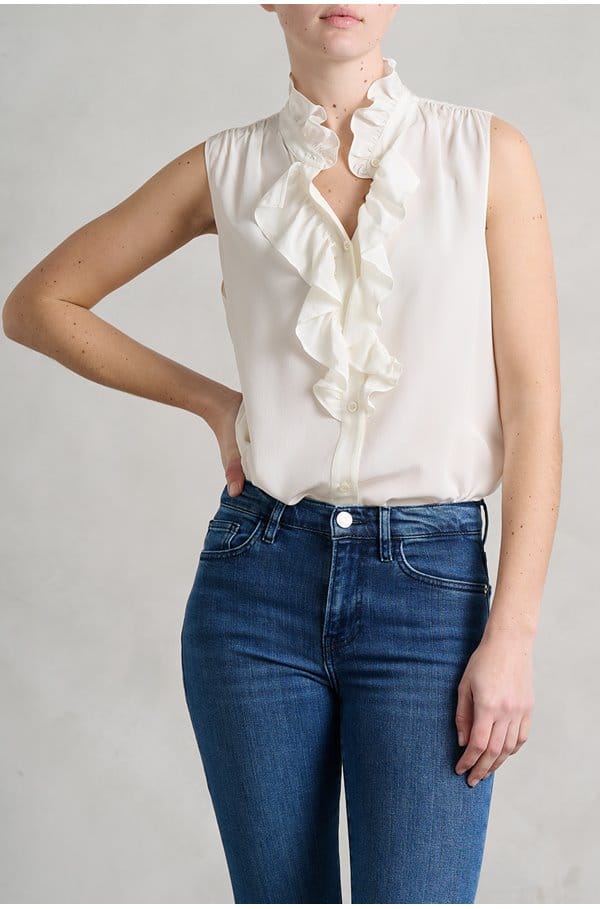 Trilogy Stores | Sleeveless Ruffle Front Blouse in Cream