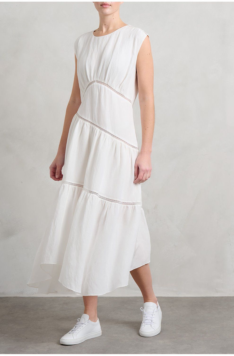 Trilogy Stores | Gathered Seam Lace Insert Dress in White