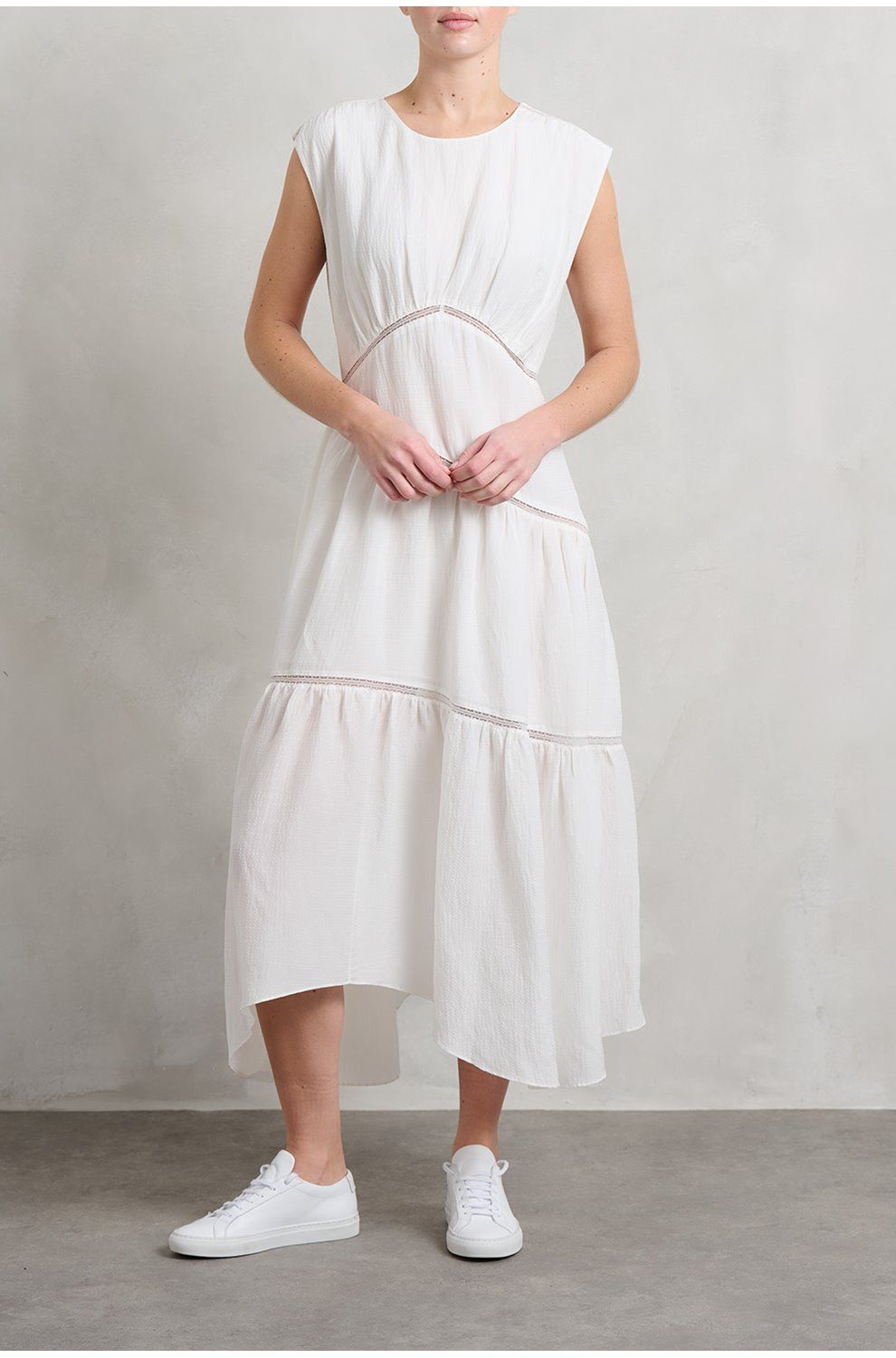 Trilogy Stores | Gathered Seam Lace Insert Dress in White